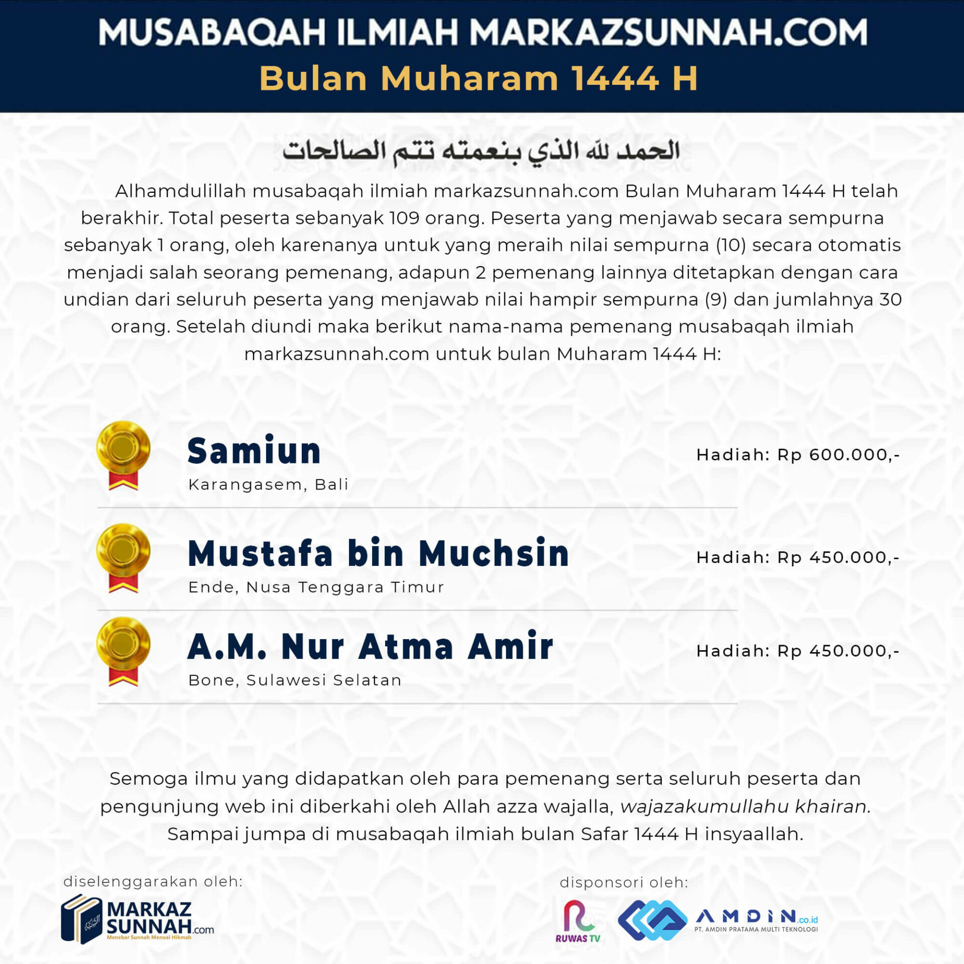 HASIL MUSABAQAH ILMIAH MARKAZSUNNAH.COM BULAN MUHARAM 1444 H